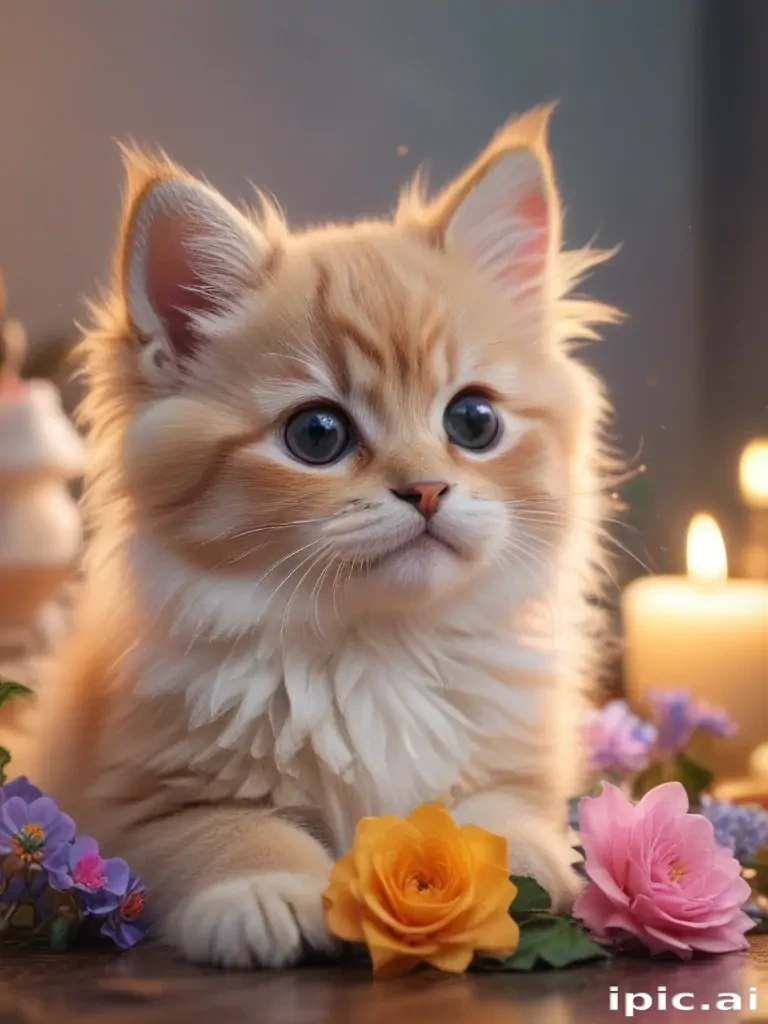 Adorable Fluffy Kitten Surrounded by Colorful Flowers and Soft Candlelight