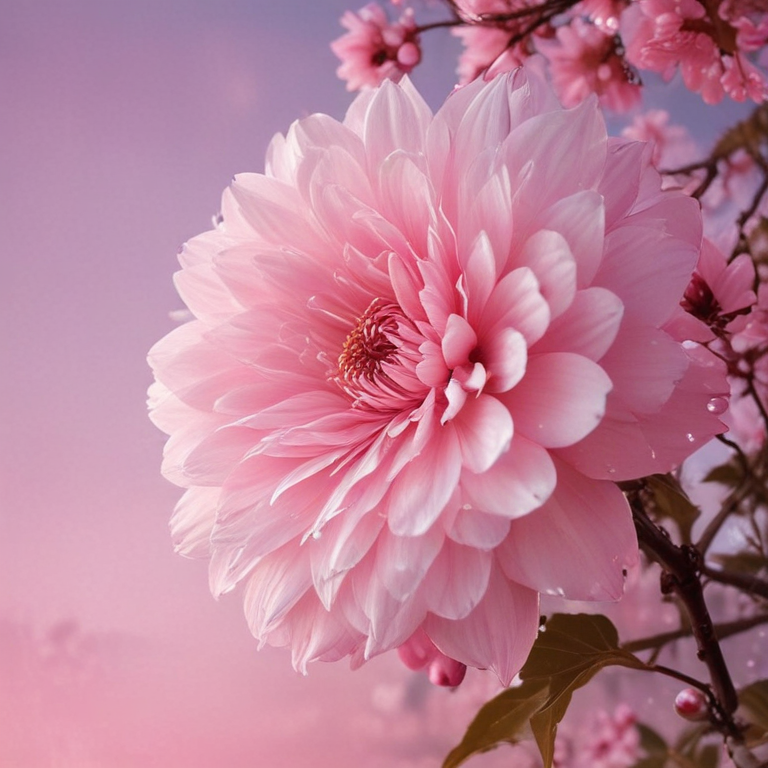 A Beautiful Pink Flower Blooming Under Soft Morning Light and Dewdrops.
