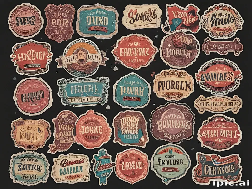 Colorful Vintage Labels Featuring Artistic Typography and Unique Designs.