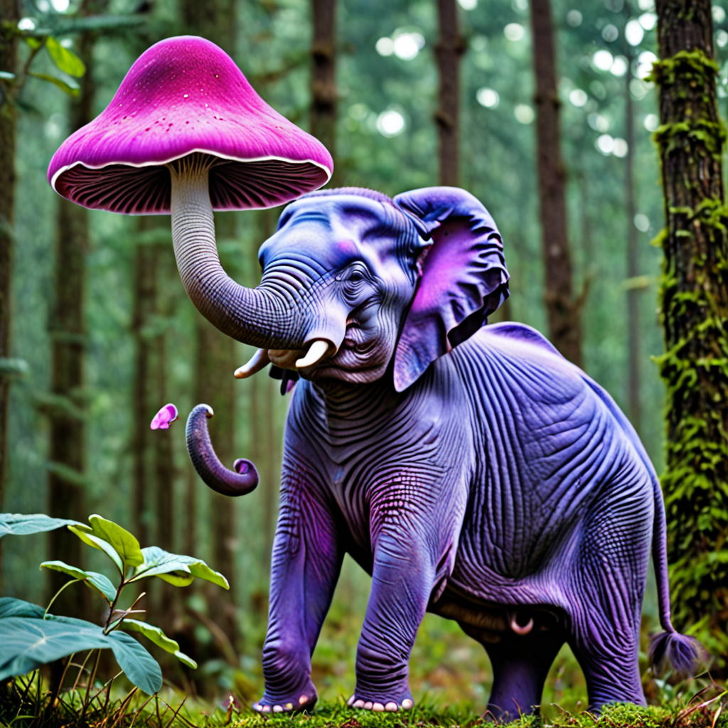 a living purple mushroom with a pink elephant