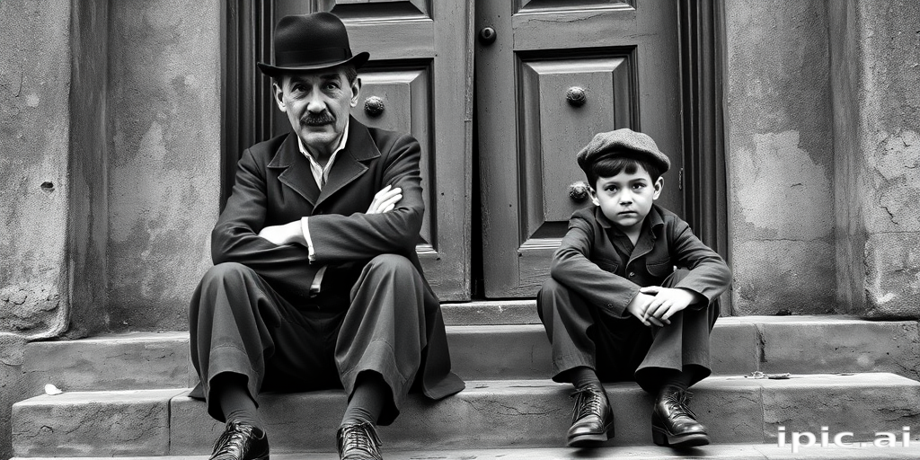 An Elderly Man and a Young Boy Sitting Together on Steps