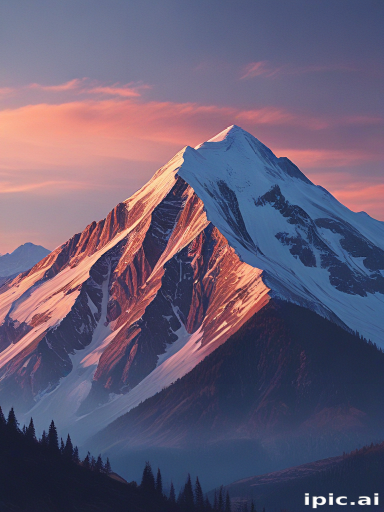 Majestic Snow-Capped Mountain Peak Bathed in Warm Sunset Glow.