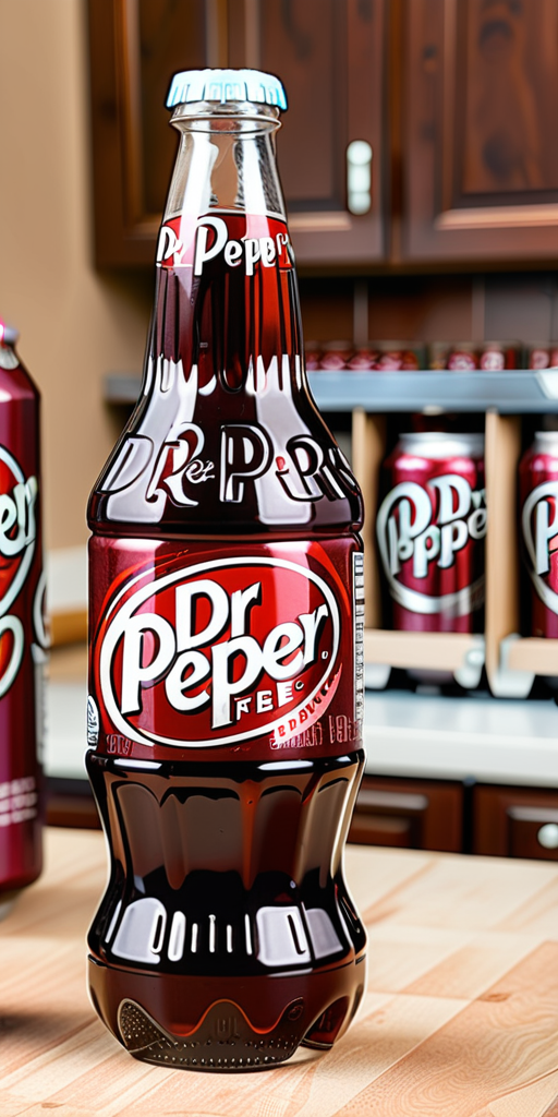 Refreshing Dr Pepper Soda Bottle Surrounded by Cans on a Kitchen Counter