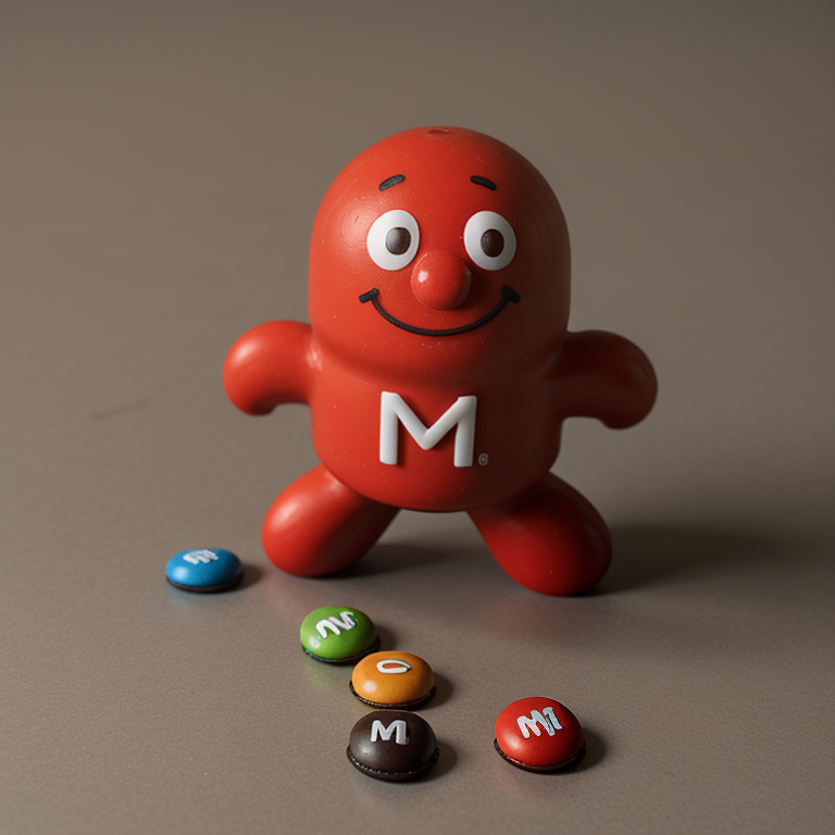 A Cheerful Red Character with Colorful Candies on a Neutral Surface