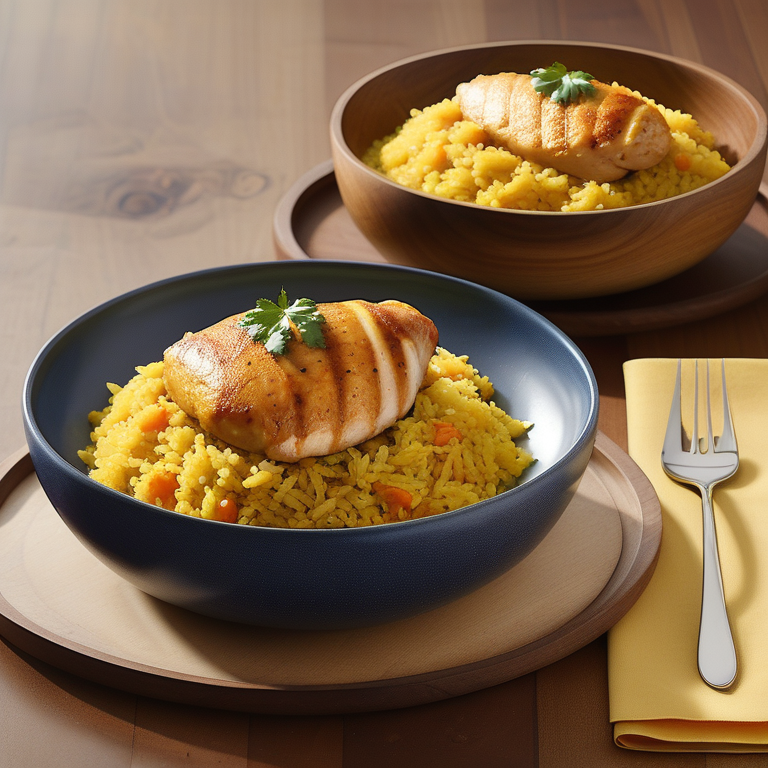 Delicious Grilled Chicken Served on a Bed of Flavorful Yellow Rice.