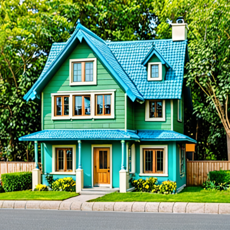 A blue-green themed cartoon character house
