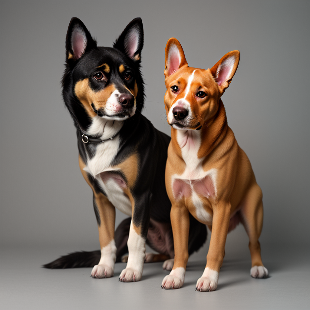 Two Adorable Dogs Posing Together in a Studio Setting, Looking Curious