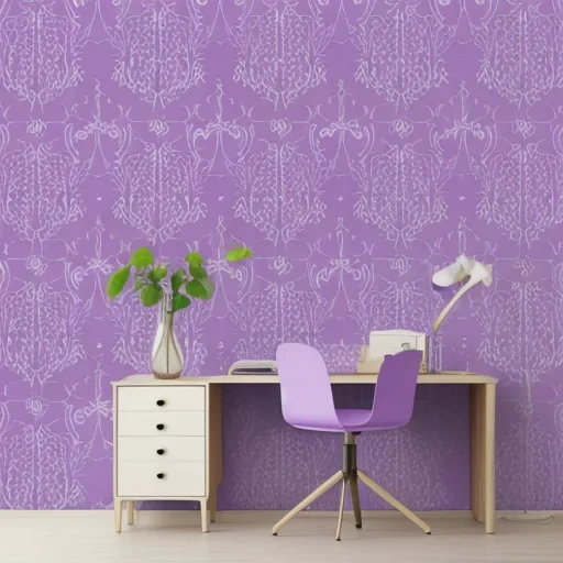 Modern Workspace Featuring Elegant Purple Wallpaper and Minimalist Desk ...
