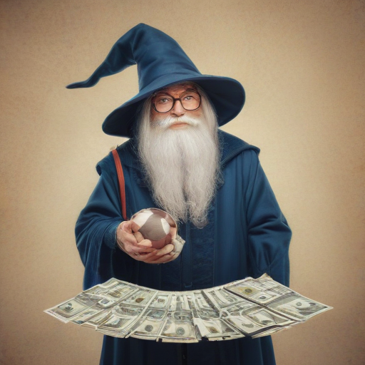 a smart wizard with money and a football for a logo