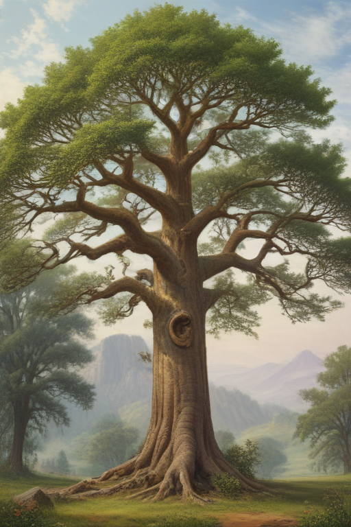 Majestic Ancient Tree Standing Tall in a Lush Green Landscape.