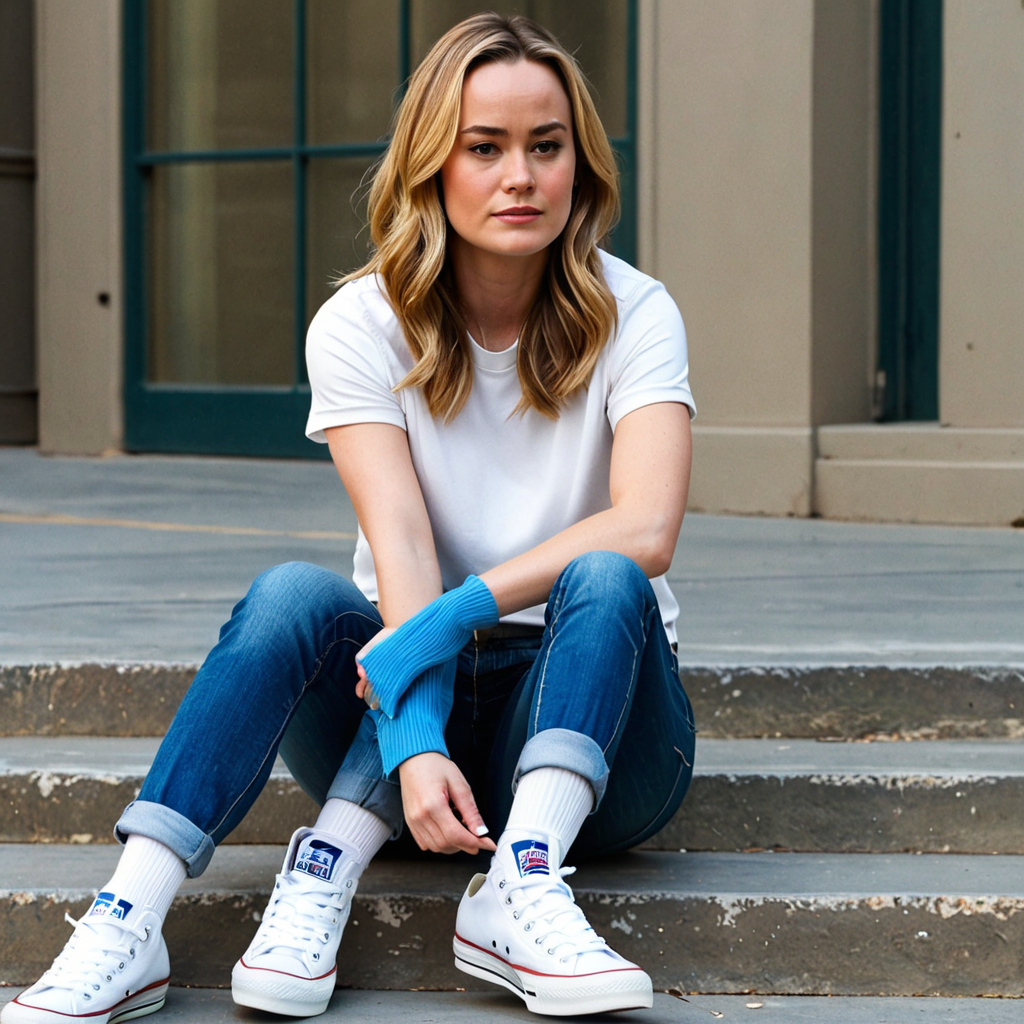Mcu Brie Larson Carol Danvers Sitting in White Shirt, Blue Jeans, White ...