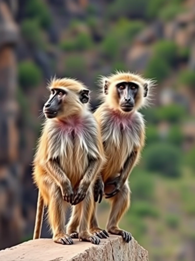 Two Curious Baboons Observing Their Surroundings on a Rocky Outcrop.