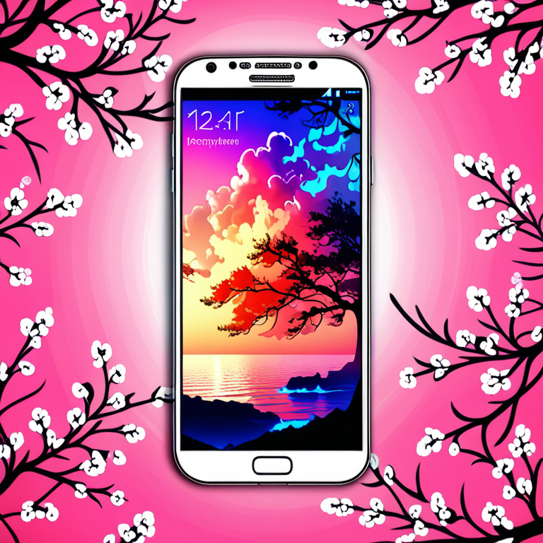 Vibrant Smartphone Display Surrounded by Blooming Cherry Blossom Branches
