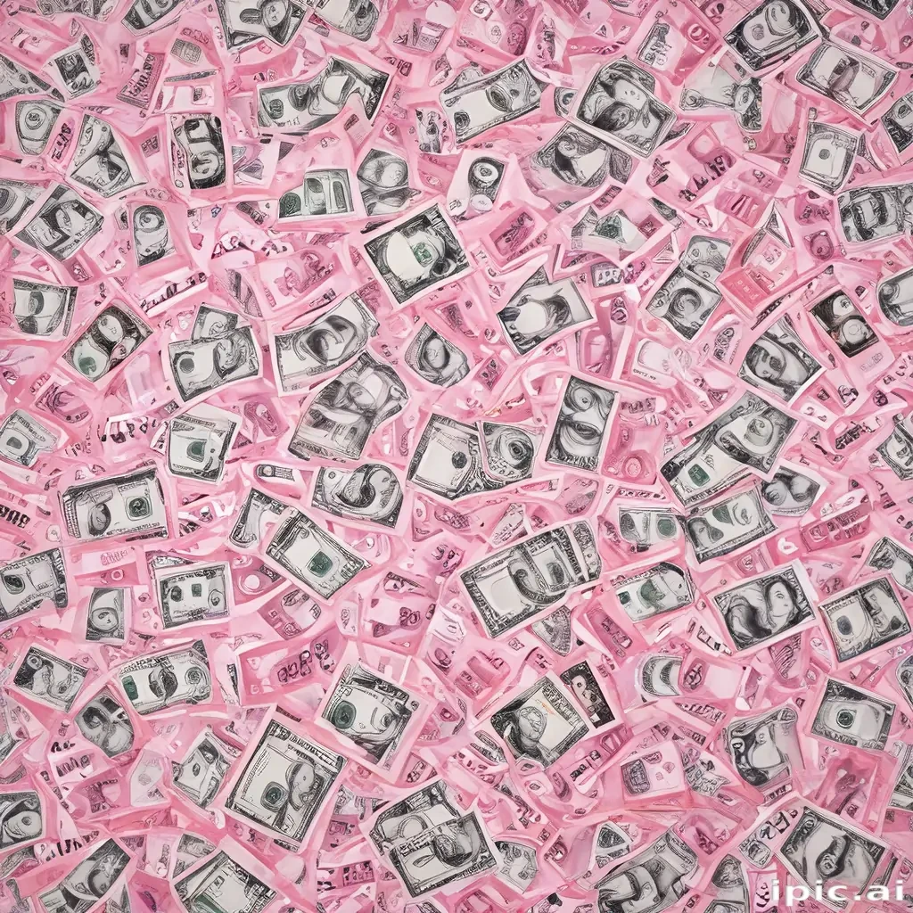 Colorful Collage of Pink and Green Dollar Bills Spread Across Surface