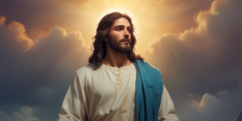 Radiant Figure of Christ Surrounded by Heavenly Light and Clouds