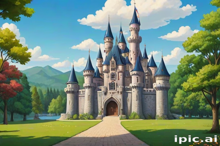 A Majestic Fairytale Castle Surrounded by Lush Greenery and Mountains