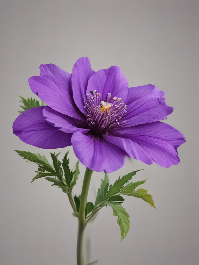 A Beautiful Single Purple Flower with Delicate Petals and Green Leaves.