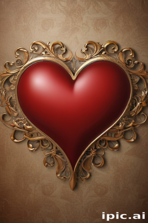 Elegant Red Heart Framed in Ornate Gold Design Against Textured Background