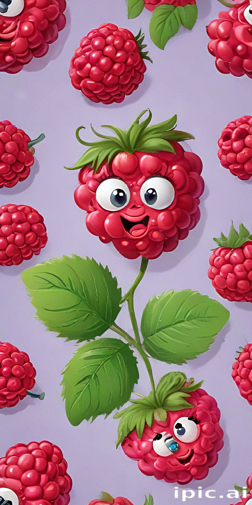 Cheerful Cartoon Raspberries with Cute Expressions and Vibrant Green Leaves