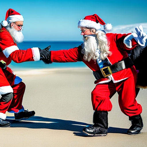 santa doing exercise with with elves and reindeer in north pole
