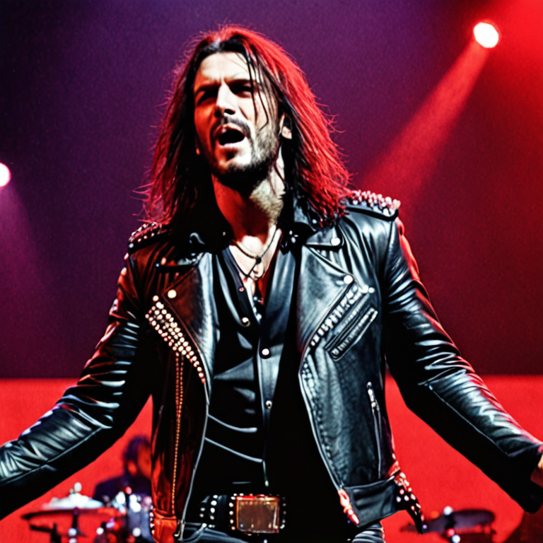 rockstar man leather long hair concert crowd red bakcground frontman