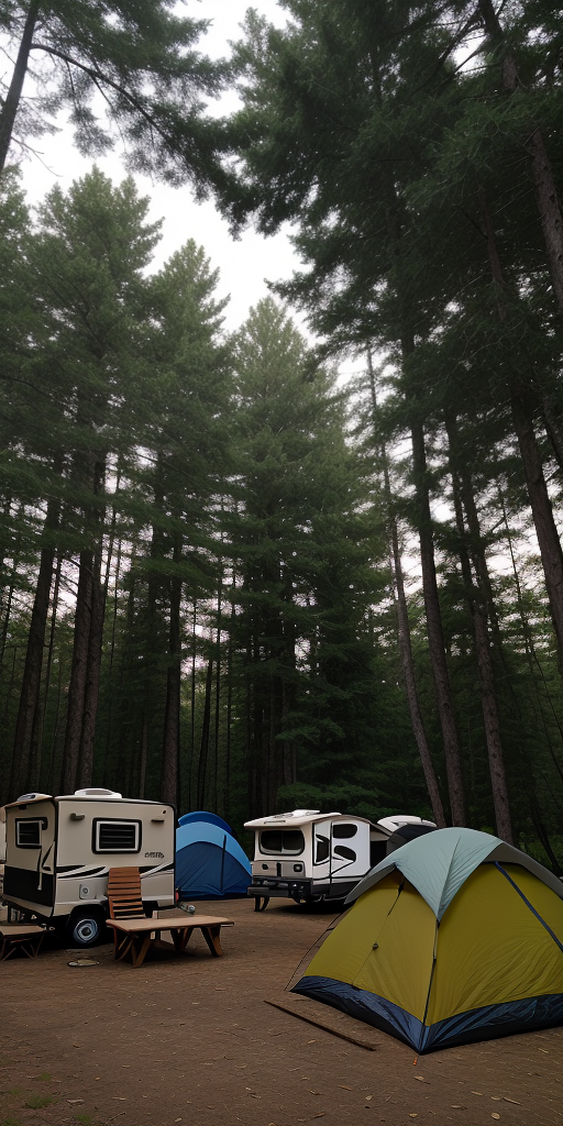 Peaceful Camping Scene Surrounded by Tall Trees and RVs in Nature
