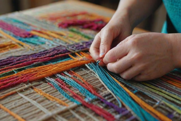 Artisan Skillfully Weaving Colorful Threads into a Beautiful Textile ...