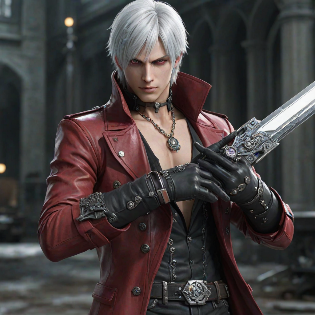 Dynamic Character Portrait of a Stylish Hero with Silver Hair and Sword