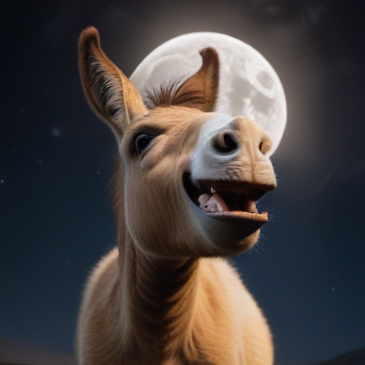 a donkey in a human shape, pointing with his finger towards the moon in ...
