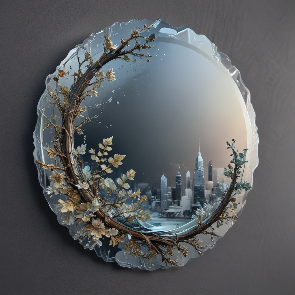 A Stunning Mirror Reflecting a Cityscape Surrounded by Nature's Beauty