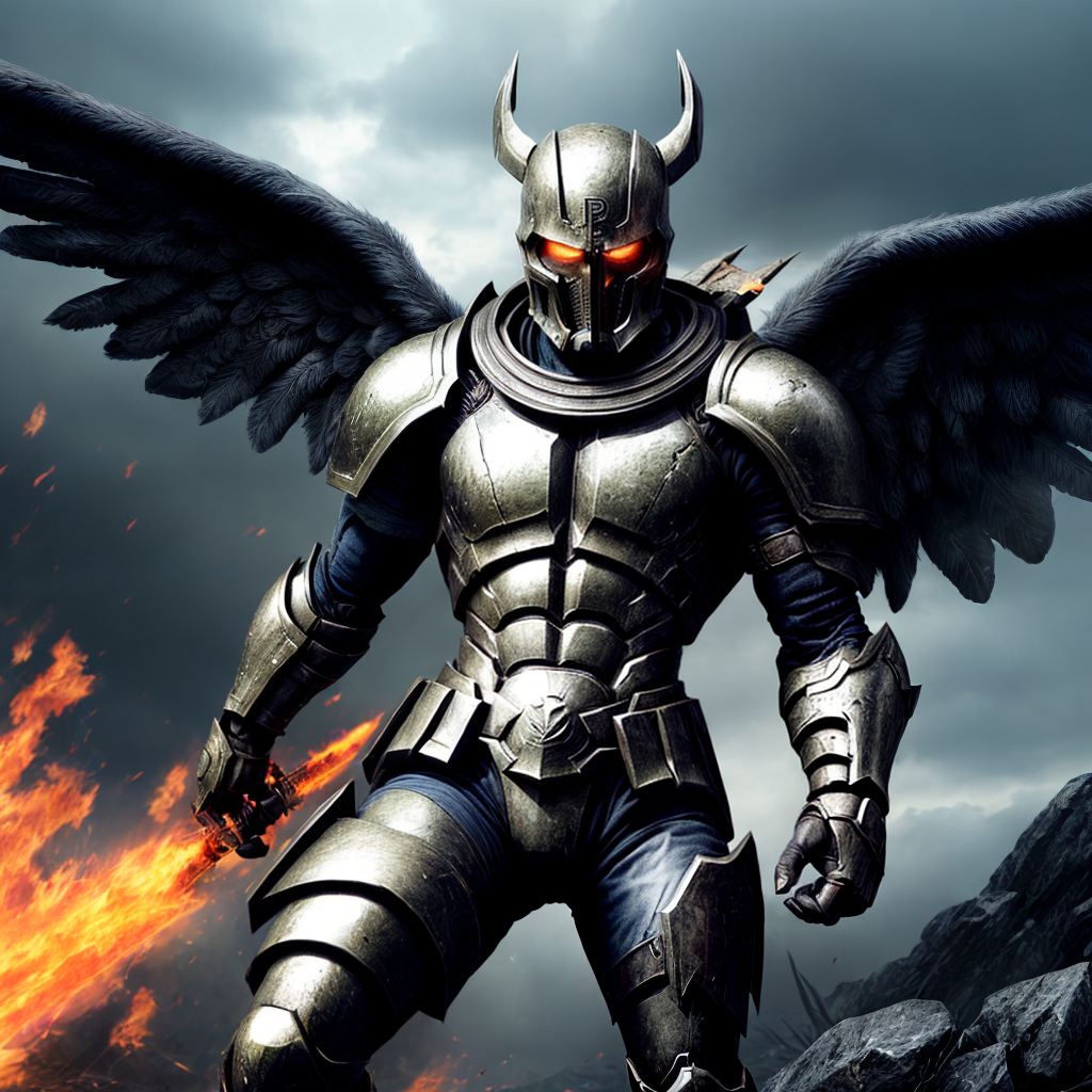 A Spartan with angel wings and a bloody shield and sword standing at ...