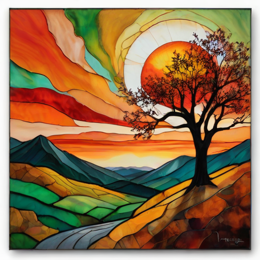 Vibrant Sunset Landscape with a Tree and Rolling Hills in Autumn Colors