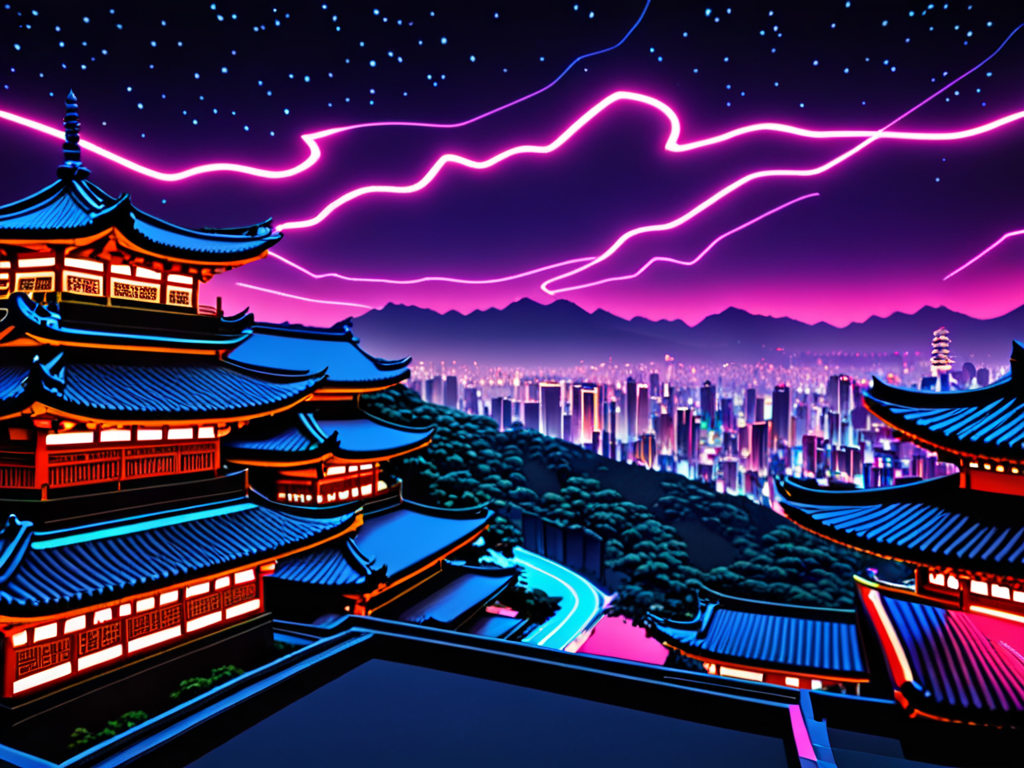 surreal neon asian ninja landscape art