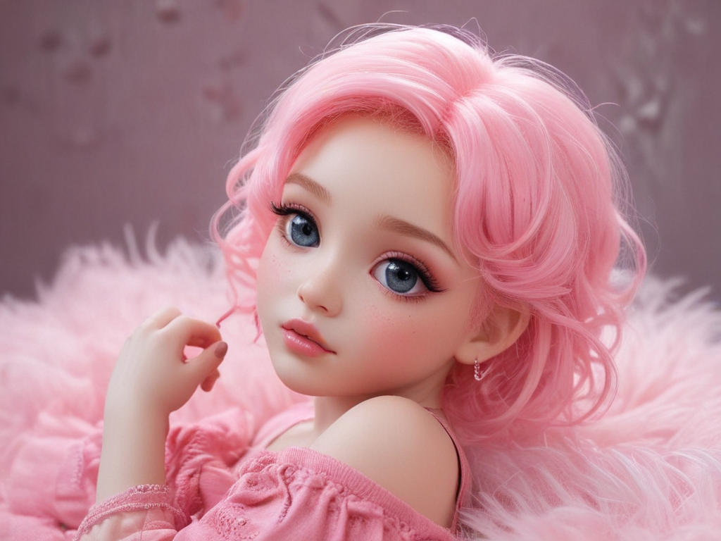 Delicate Doll with Pink Hair and Expressive Eyes Captured in Soft Light
