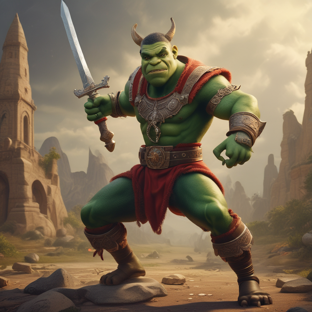 Drake with sword fighting Shrek