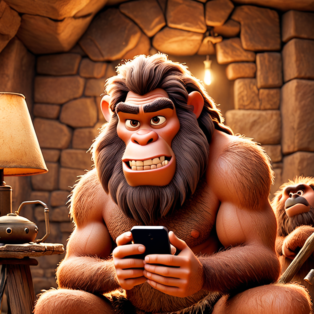 Animation style Disney Pixar films, of a caveman playing with a cell ...