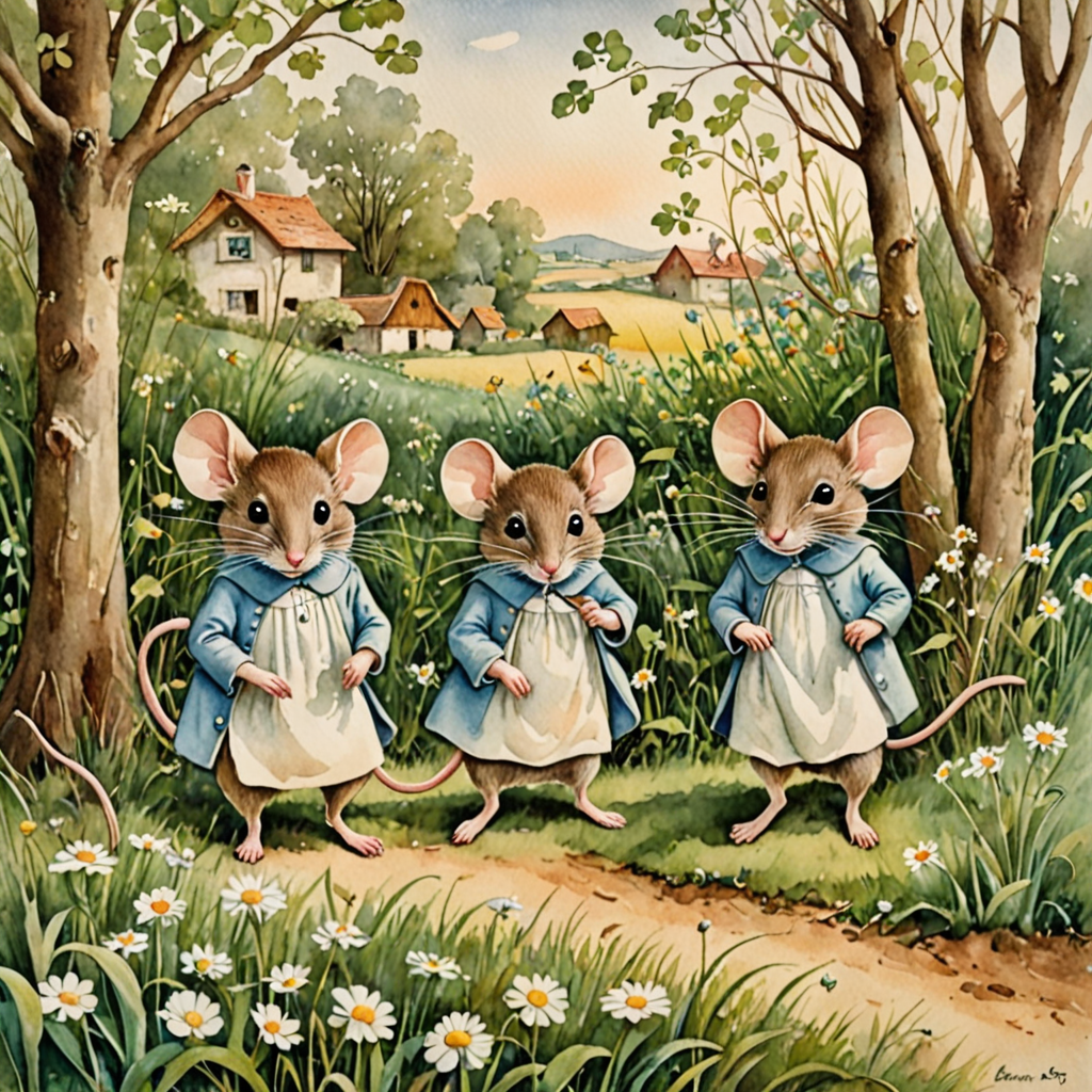 a watercolor illustration on canvas of the nursery rhyme "three blind mice"