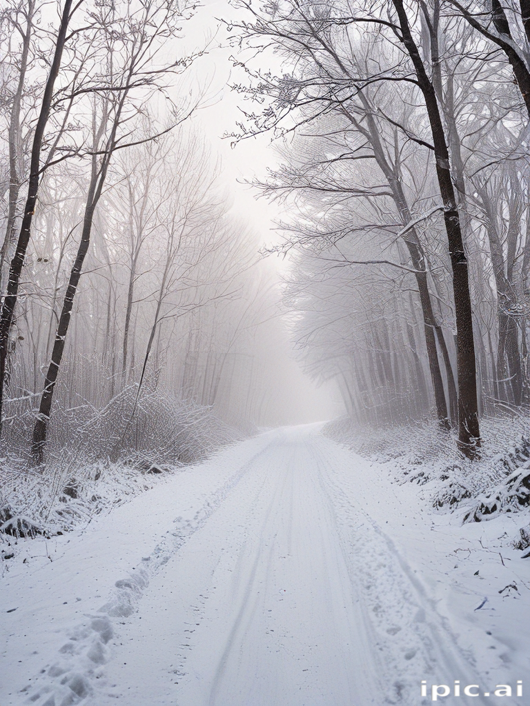 Serene Winter Pathway Through Snow-Covered Trees in a Foggy Landscape