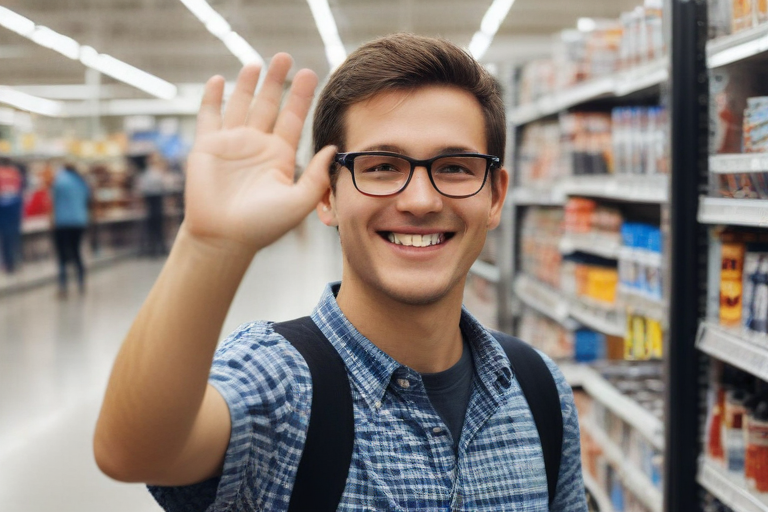 nerdy guy waving happily at Walmart