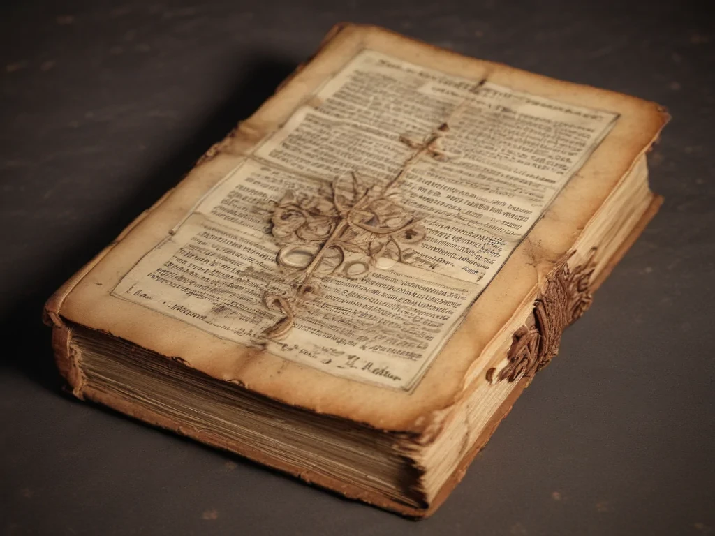Ancient Book with Intricate Binding and Faded Text on Pages