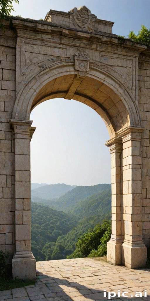Stunning Stone Archway Framing a Lush Green Mountain Landscape Beyond
