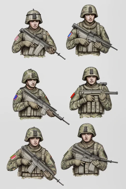 Six Distinct Soldiers in Camouflage Uniforms Displaying Various Weapons ...