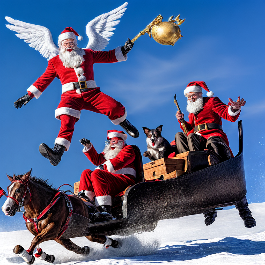 Santa with claws and fangs and angel with demons pulling sled