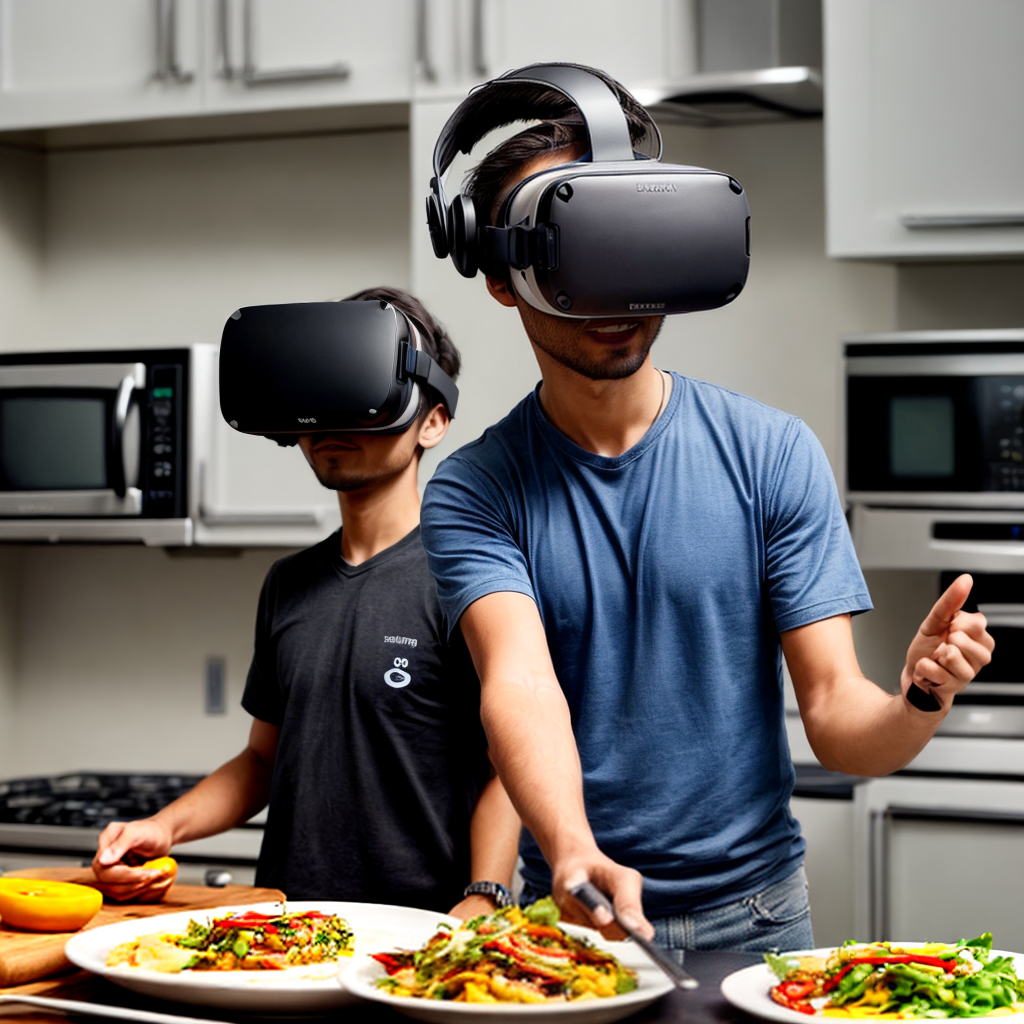 Visualize people using virtual reality headsets to learn cooking skills ...