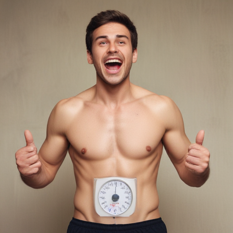 A man on a scale is excited for having lost weight