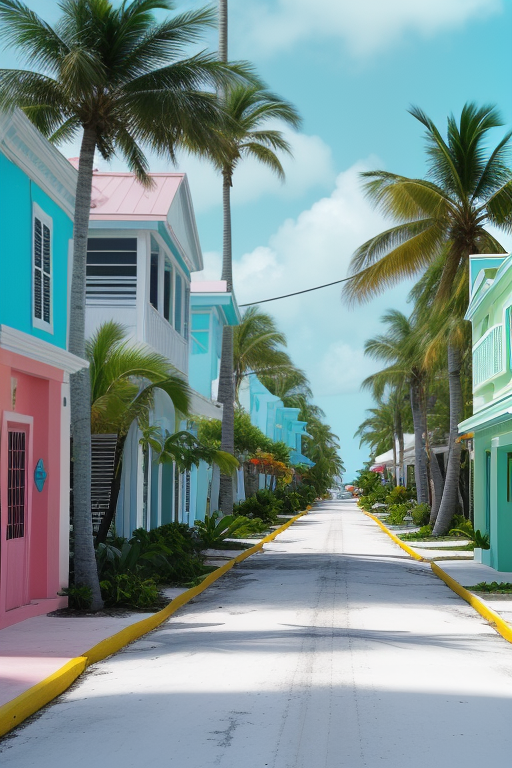 Charming Tropical Street Lined with Colorful Houses and Palm Trees