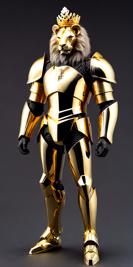 lion with a crown stunning armor in gold and silver, clods and lightning