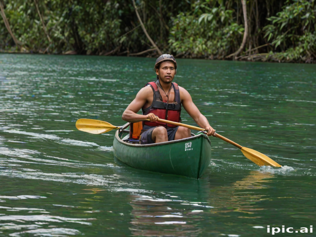 A man paddles a canoe through serene waters surrounded by lush greenery.