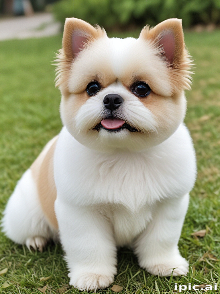 Adorable Pomeranian Puppy with Fluffy Coat Sitting on Green Grass.