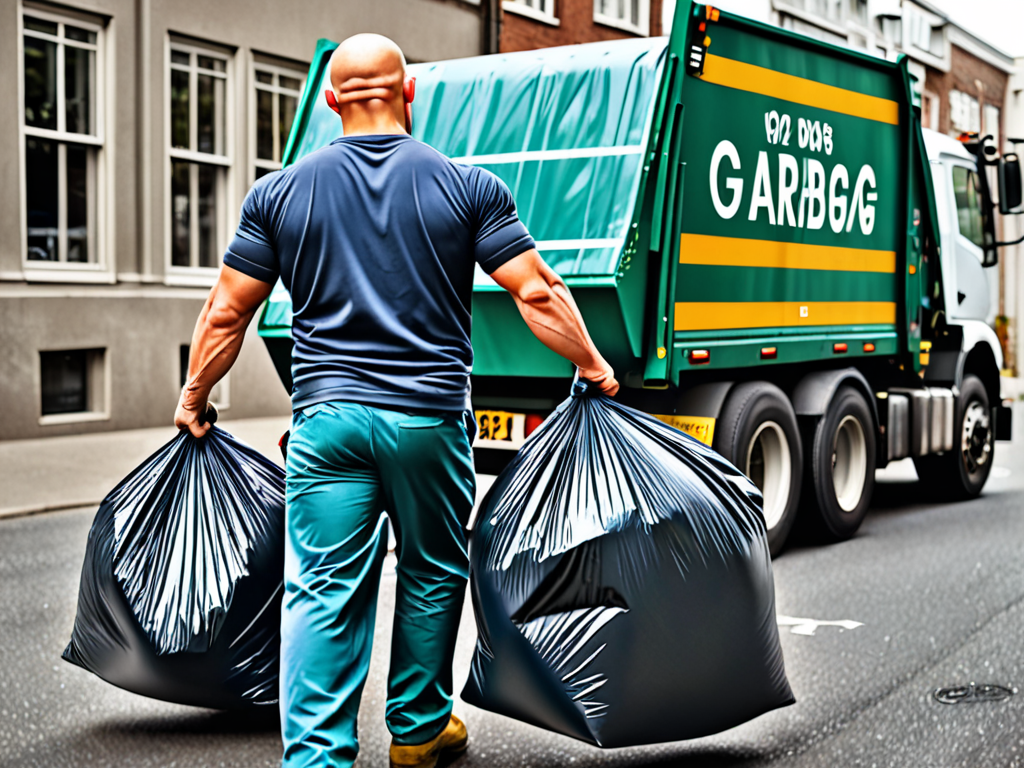 realistic handsome bald muscular garbagemen from behind carrying ...
